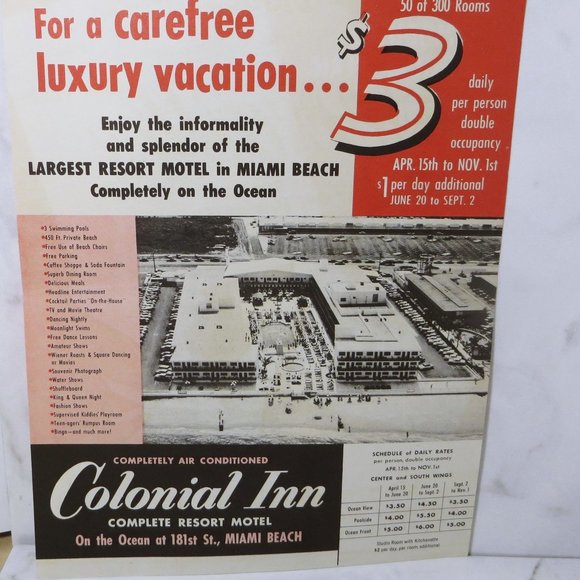 Art | Vintage 5s Miami Beach Vintage Motel Flyer Colonial Inn Resort ...